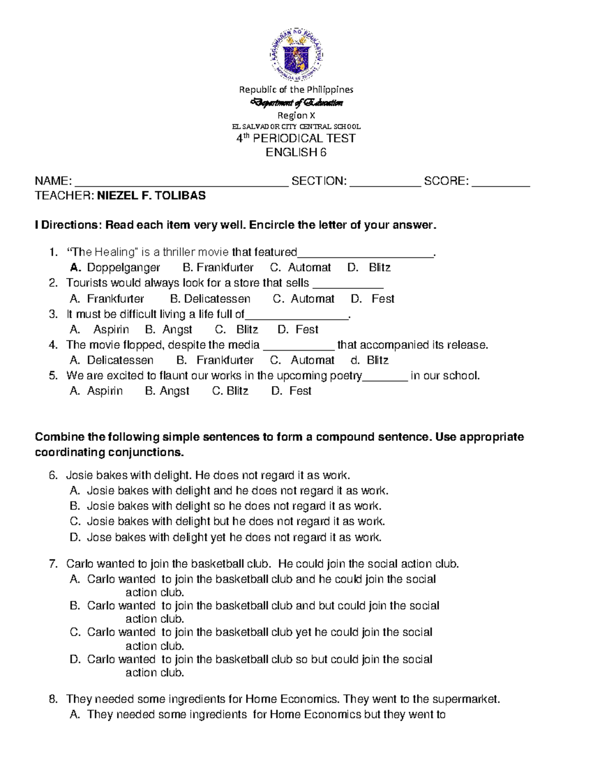 4th Periodical Test in English 6 (SY 2023-2024) - Studocu