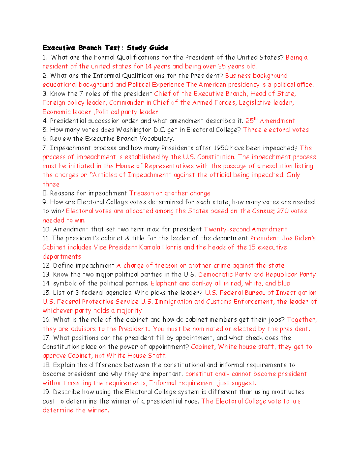 Executive Branch Study Guide - Executive Branch Test: Study Guide What ...