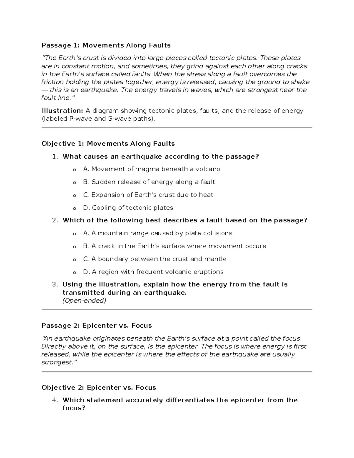 Long quiz extra - lesson plan - Passage 1: Movements Along Faults “The ...