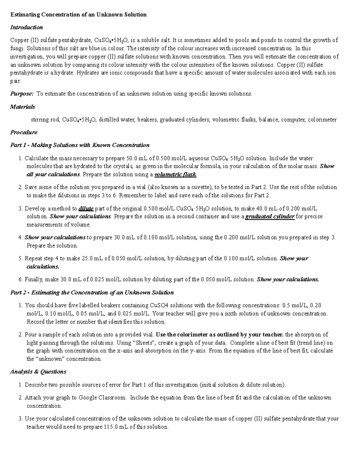 Lab - Estimating Concentration of an Unknown Solution - February 2024 - Estimating Concentration ...