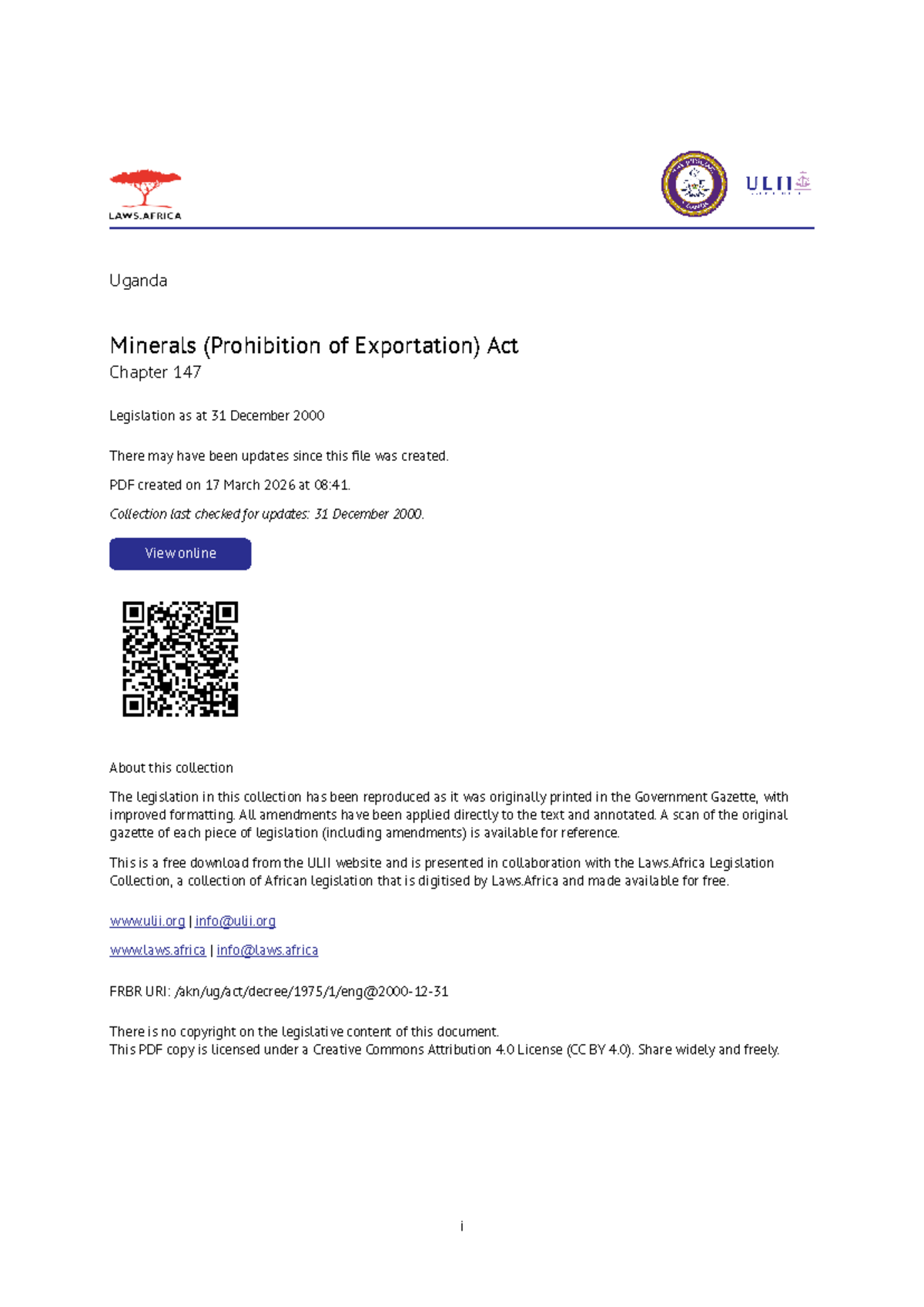 Uganda Minerals (Prohibition of Exportation) Act Ch. 147 - Updated ...