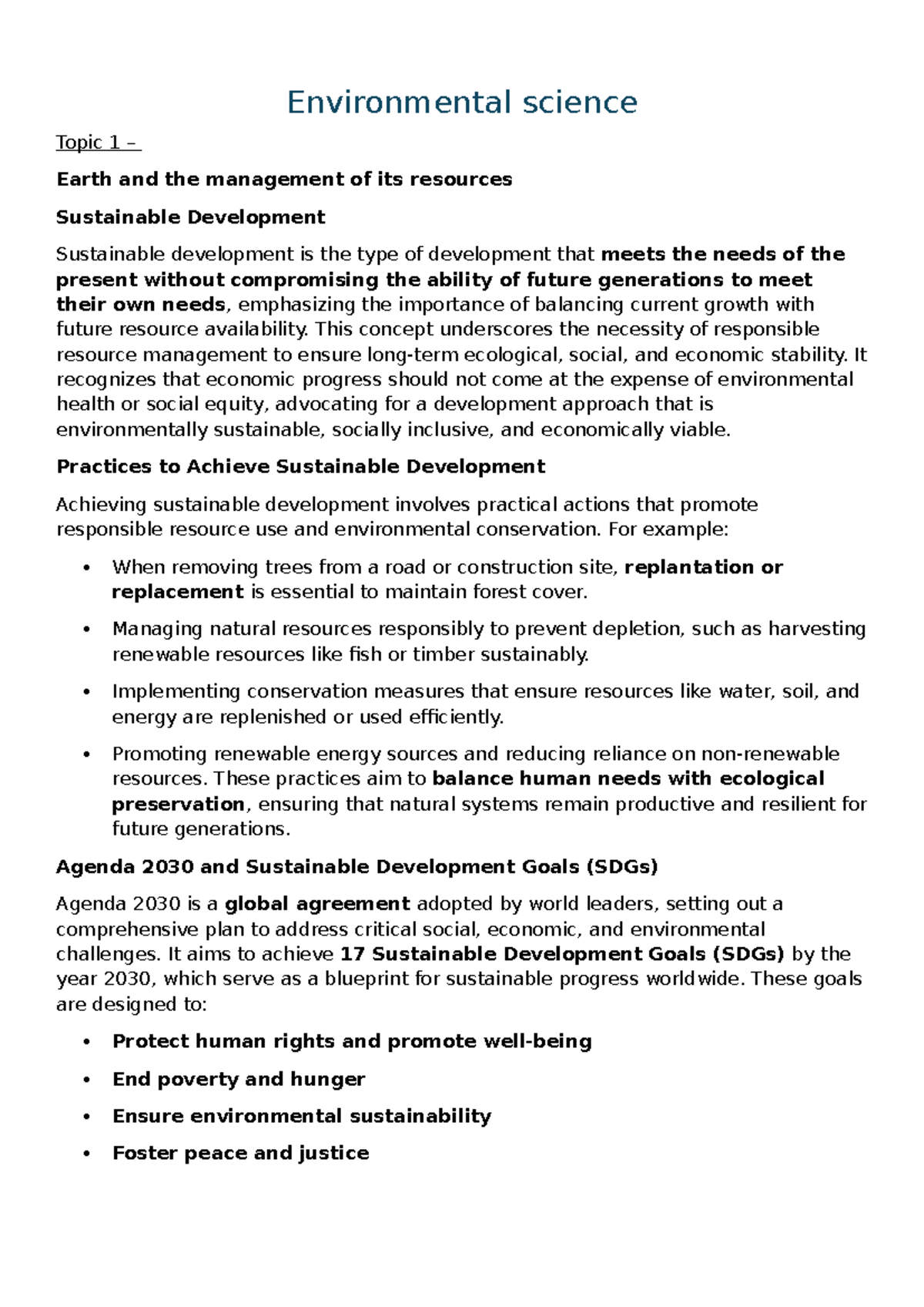 ENV 101: Sustainable Development and Earth's Resource Management Notes ...