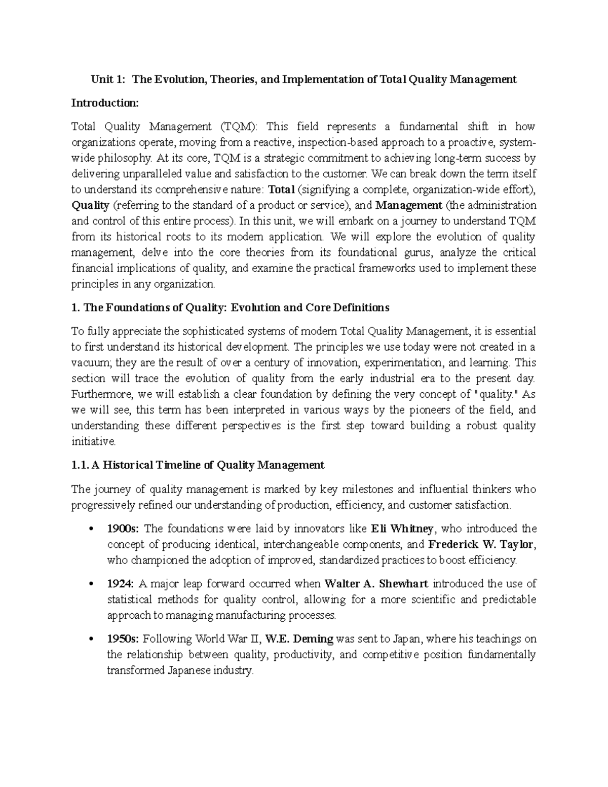 Unit I: TQM Evolution, Theories & Implementation Study Notes - Studocu