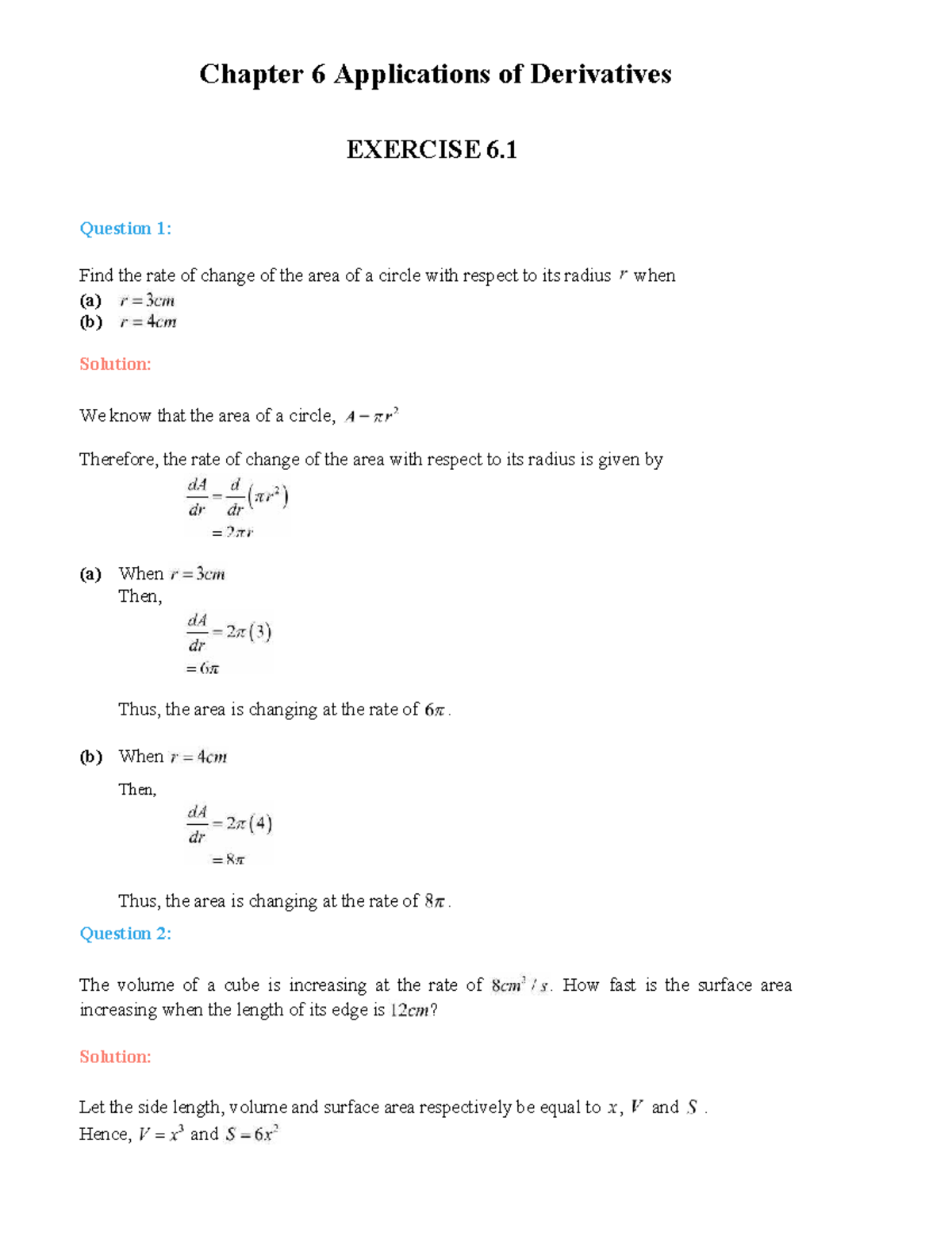 AOD Class 12 - Chapter 6 Applications of Derivatives Solutions - Studocu