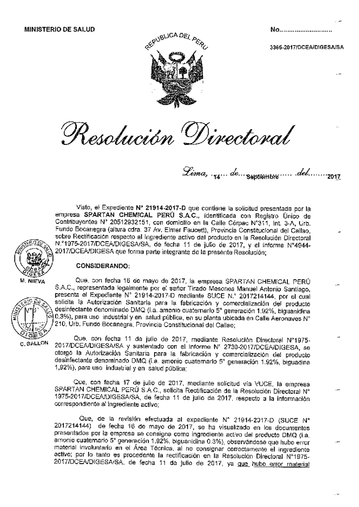 Resolución Directoral 3365-2017-DCEA: Rectificación Amonio Cuaternario ...