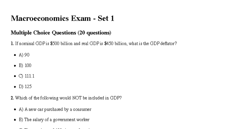 Macroeconomics Exam Set 1: Multiple Choice & Short Answer Questions ...