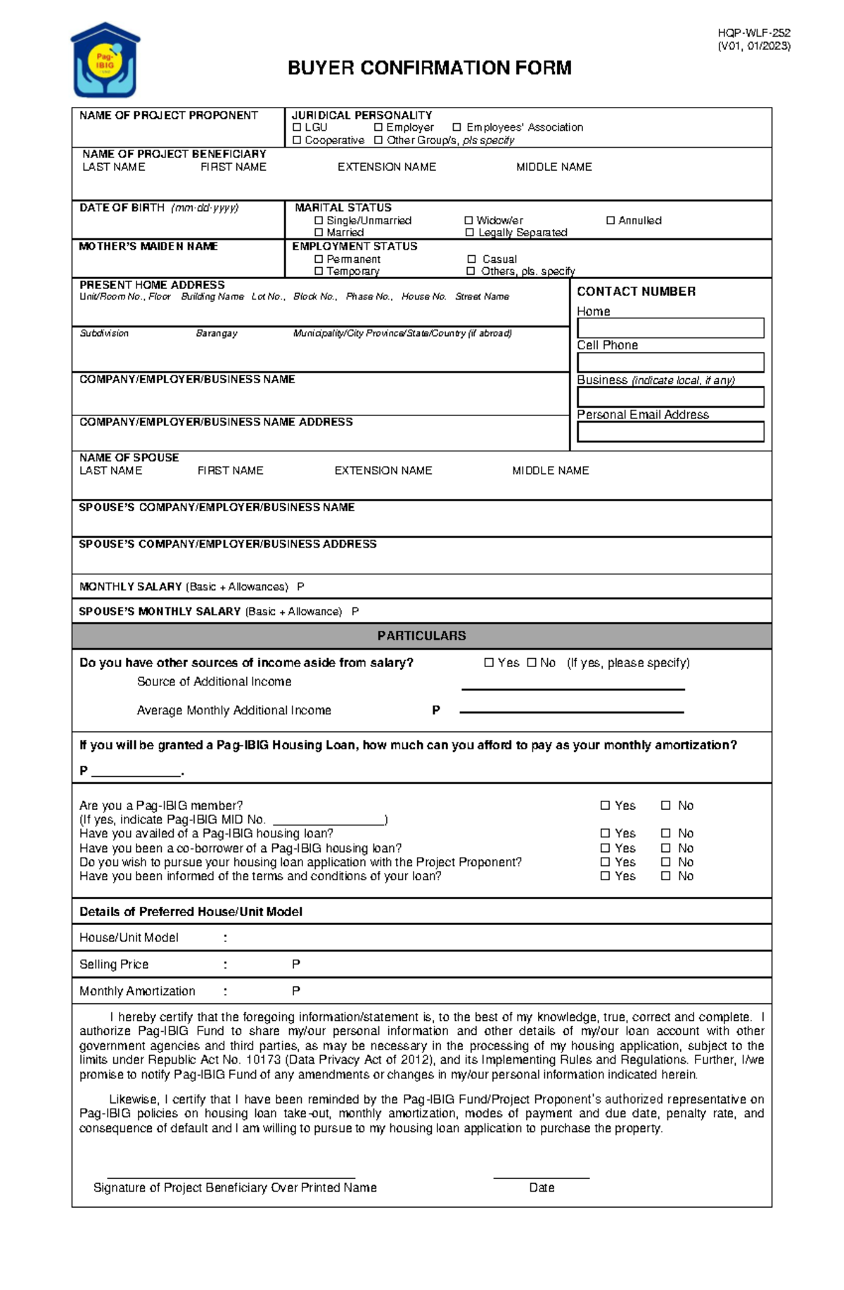 WLF252 Buyer Confirmation Form for Pag-IBIG Housing Loan Application ...