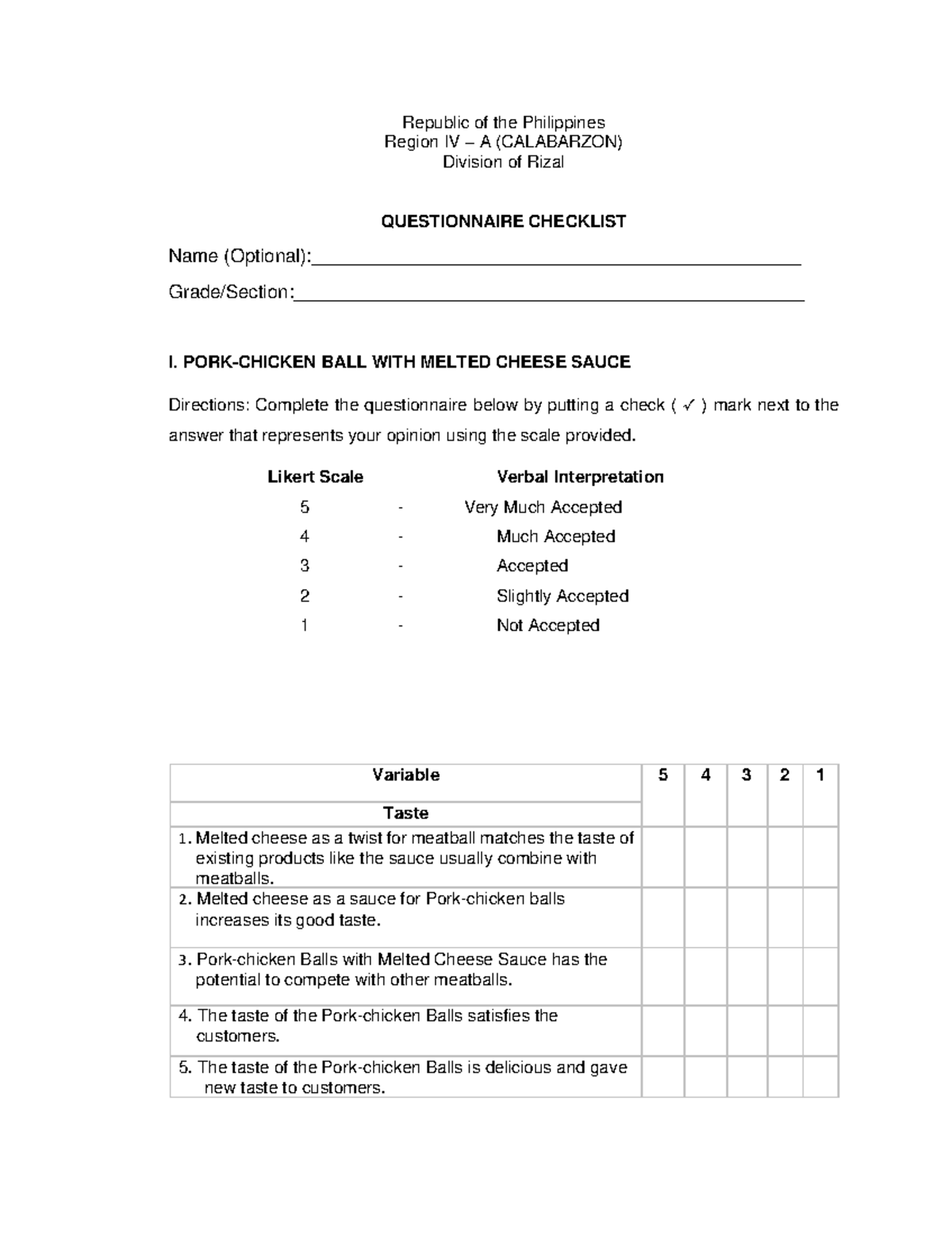 Questionnaire- Checklist about Chicken BALL WITH Melted Cheese Sauce ...