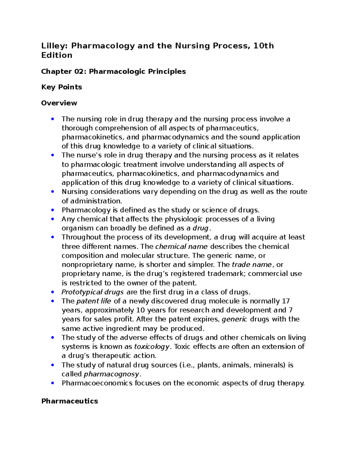 Chapter 002 - Pharmacologic Principles Overview and Key Points - Studocu