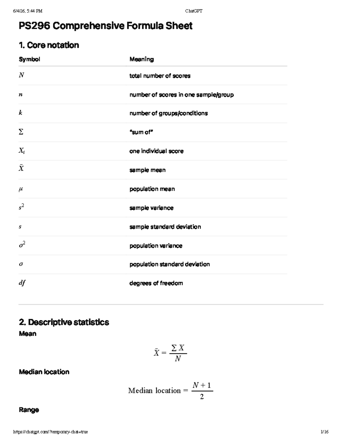 PS296 Comprehensive Formula Sheet 1: Key Statistical Concepts - Studocu