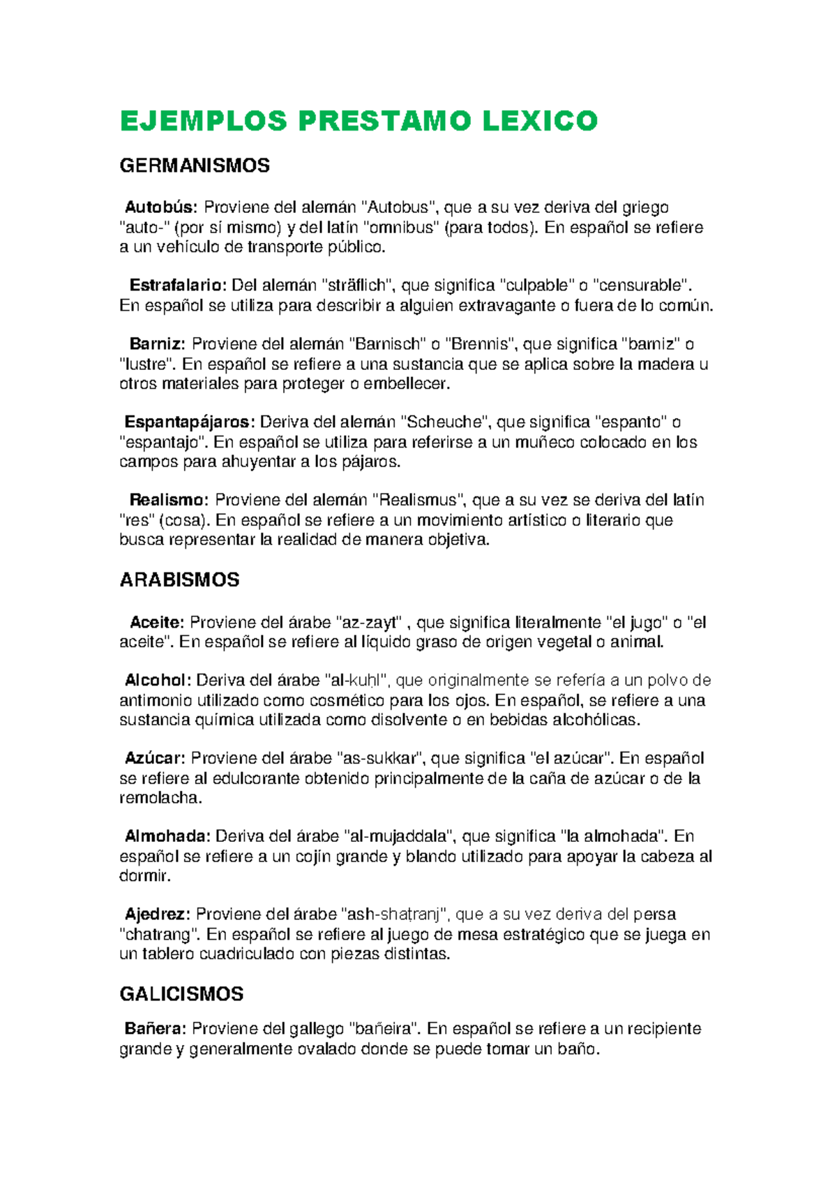 EJEMPLOS DE PRESTAMO LEXICO: GERMANISMOS, ARABISMOS Y MÁS - Studocu