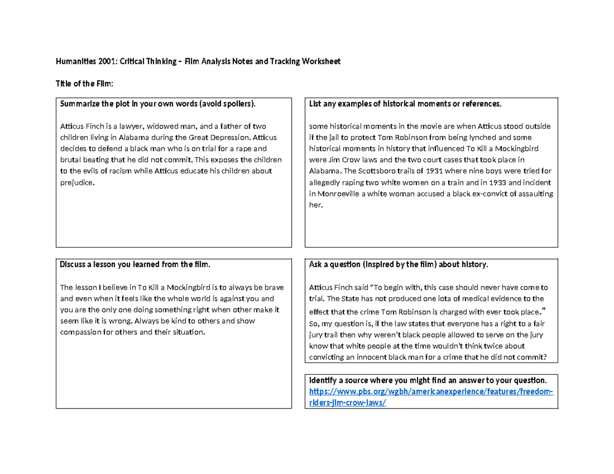 Humanities 2001: Film Analysis Pre-Writing Notes on To Kill a ...
