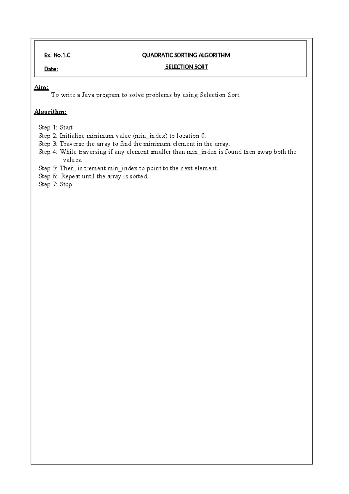 Ex. No. 1C & 1D - Java Sorting Algorithms: Selection & Insertion Sort ...
