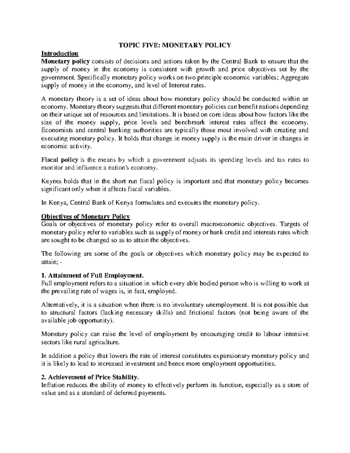 Monetary Policy Overview: Key Concepts and Objectives (ECO 101) - Studocu