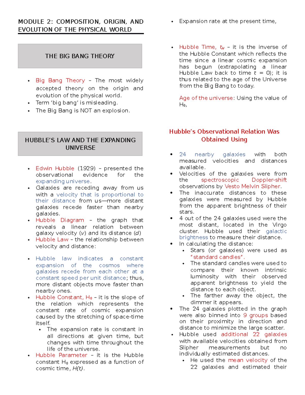 Module 2 Notes - Big Bang Theory & Hubble's Law in Physics - Studocu
