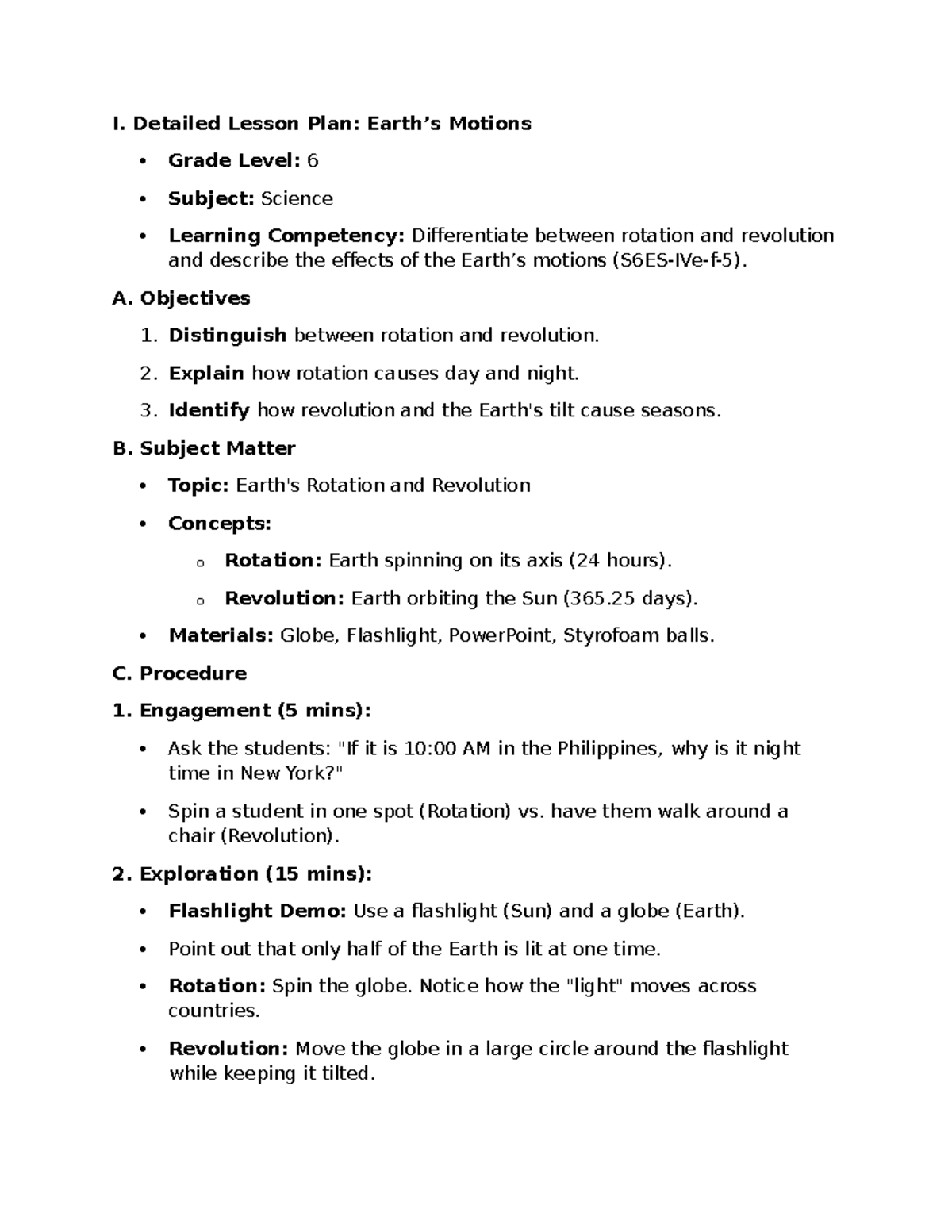 Detailed Lesson Plan: Earth's Motion (Rotation & Revolution) for Grade ...