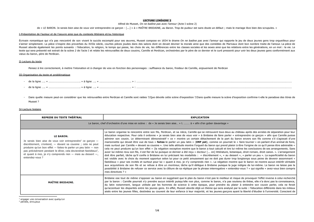 LECTURE LINÉAIRE 2 - Musset, On ne badine pas avec l'amour (Acte I ...