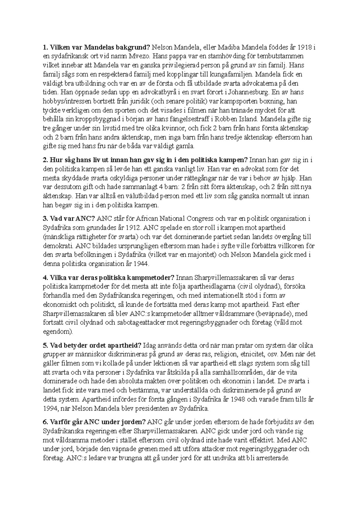 Samhällskunskap 1b - Nelson Mandelas liv och politiska kamp - Studocu