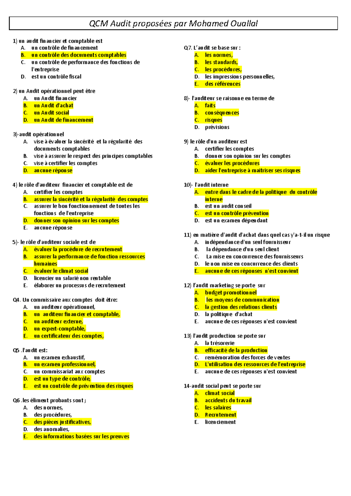 QCM audit serie 1 (40Questions) - QCM Audit proposées par Mohamed Ouallal un audit financier et ...