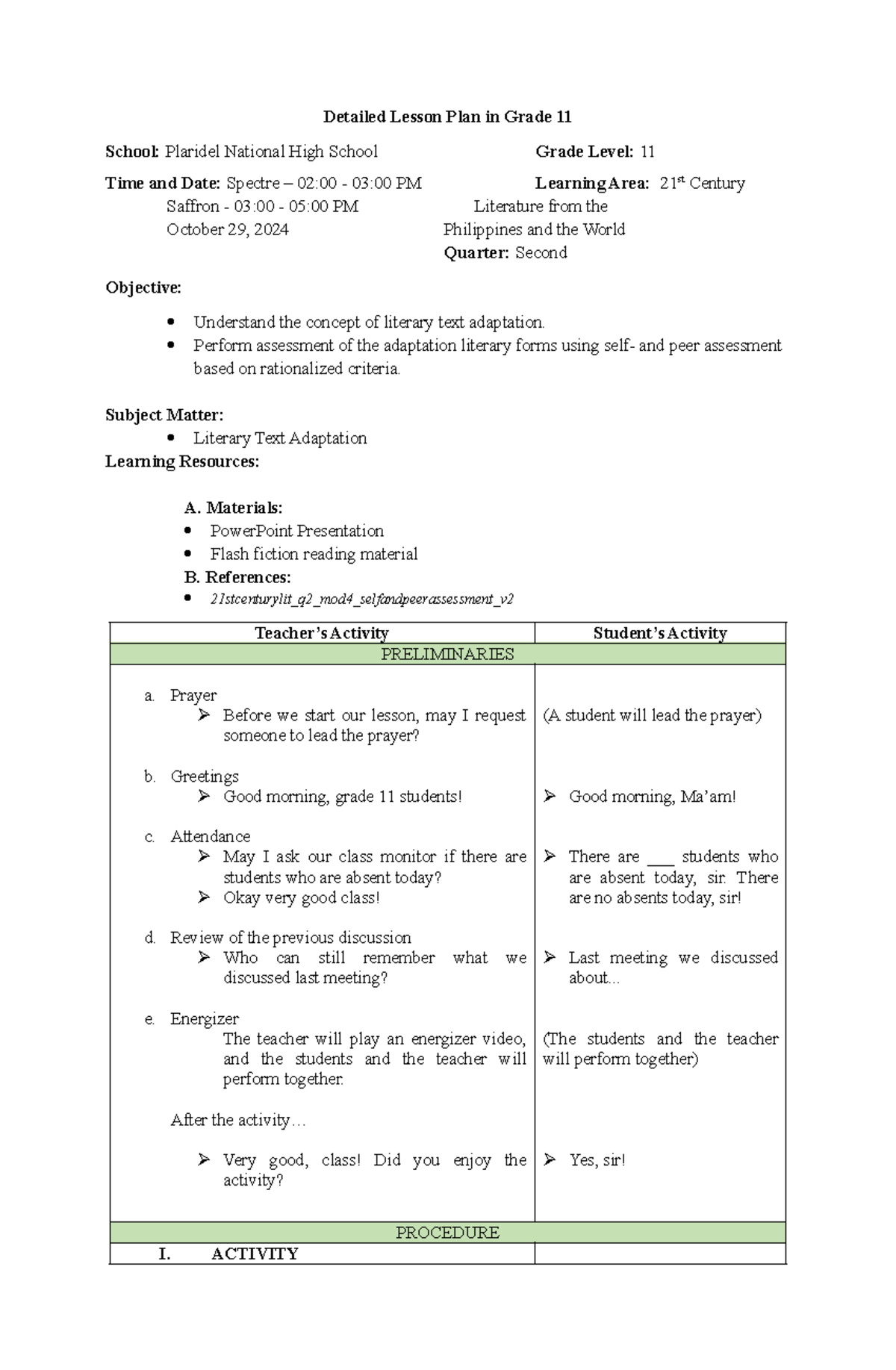 October 30, 2024 (Wednesday) - Detailed Lesson Plan in Grade 11 School ...