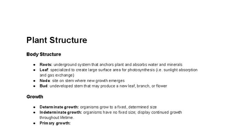 Biol111: Plant Structure Overview and Growth Mechanisms - Studocu