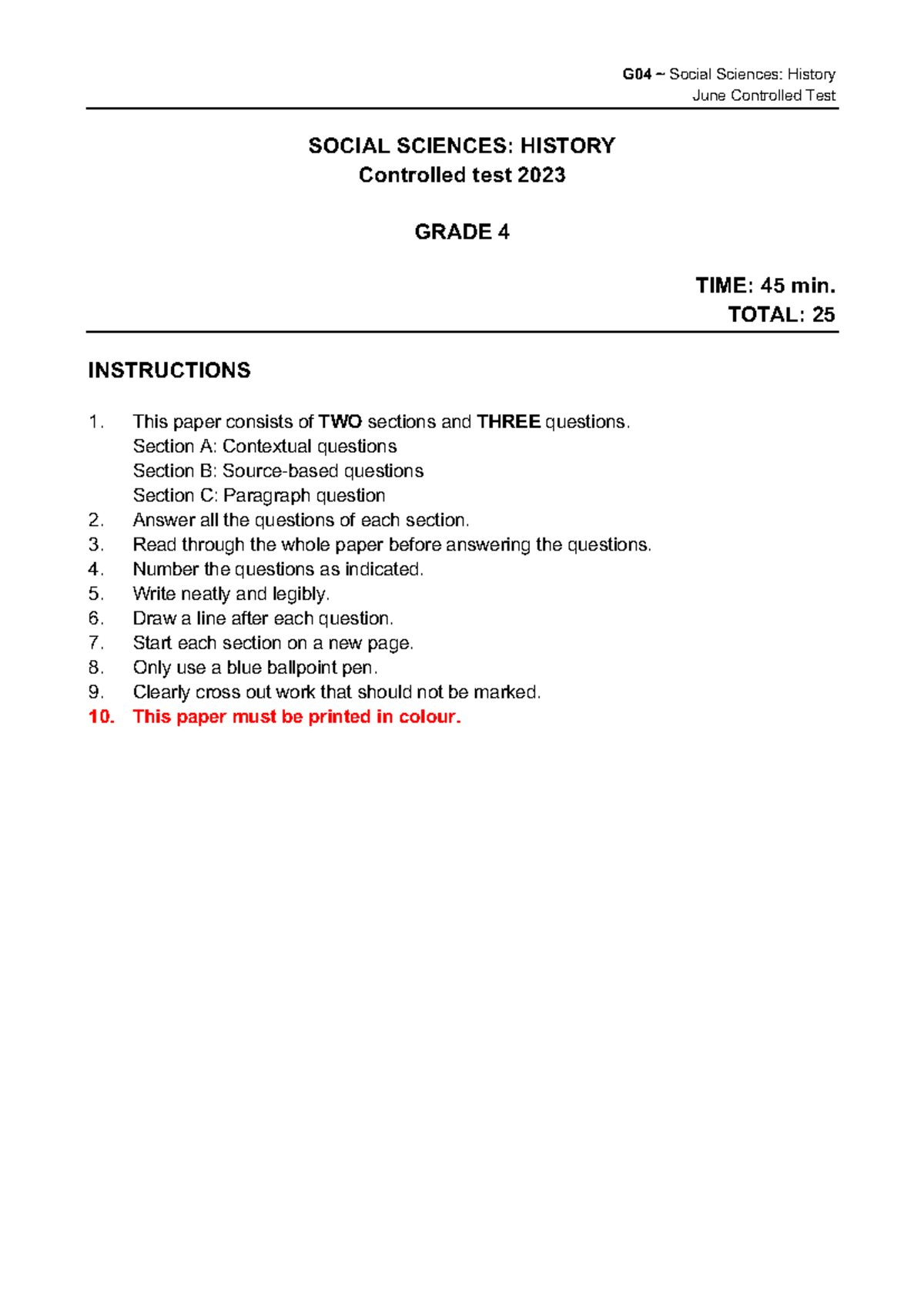 Grade 4 History June Controlled Test 2023 - Social Sciences - Studocu