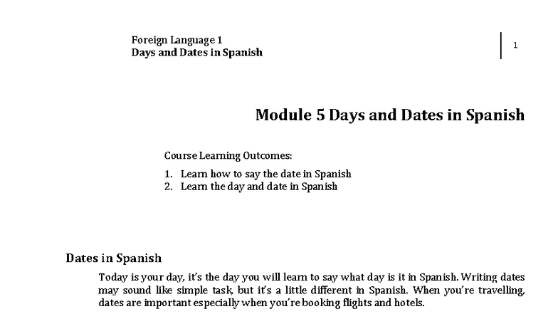Week 6 - Module 5 Days and Dates in Spanish - Days and Dates in Spanish ...