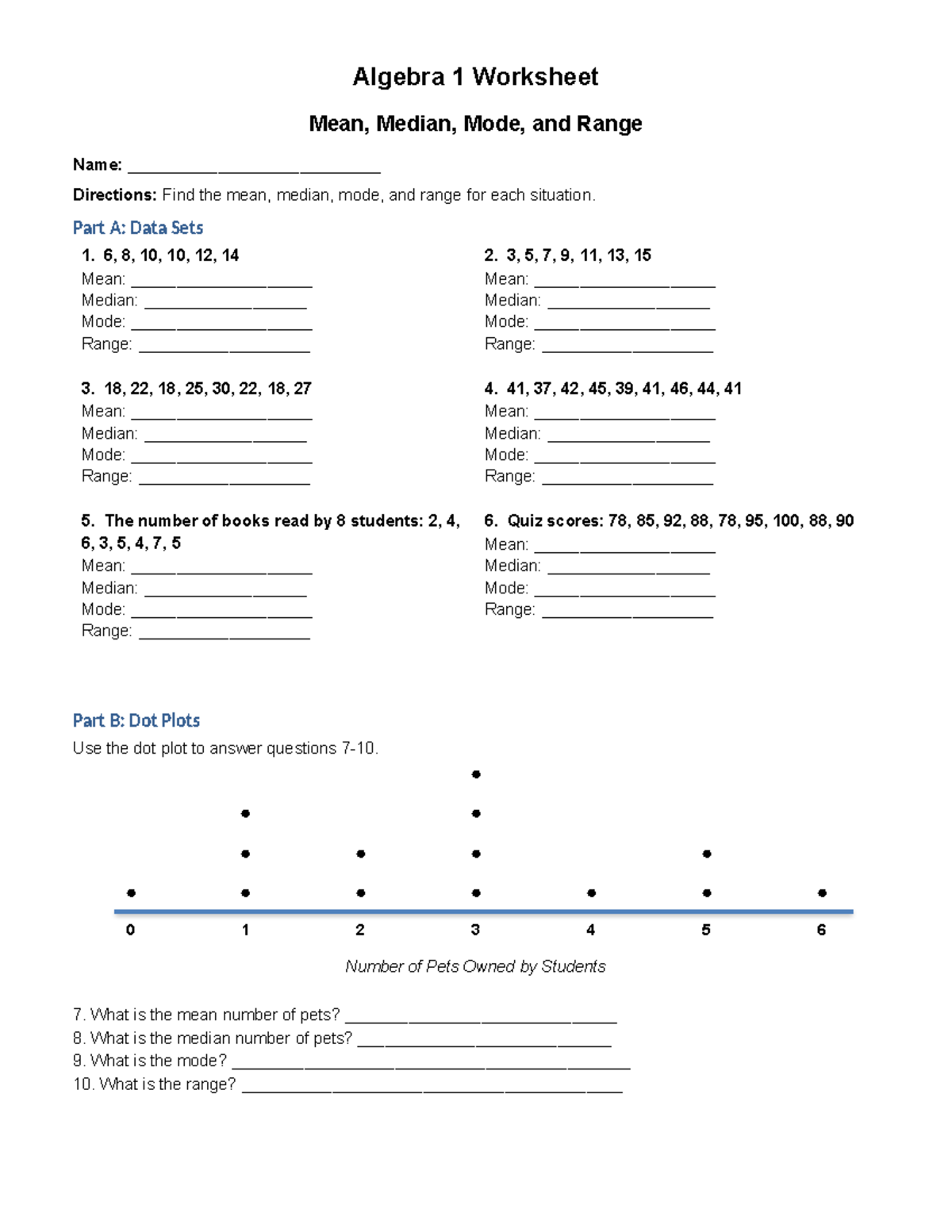 Algebra 1 Worksheet: Mean, Median, Mode, and Range Practice - Studocu