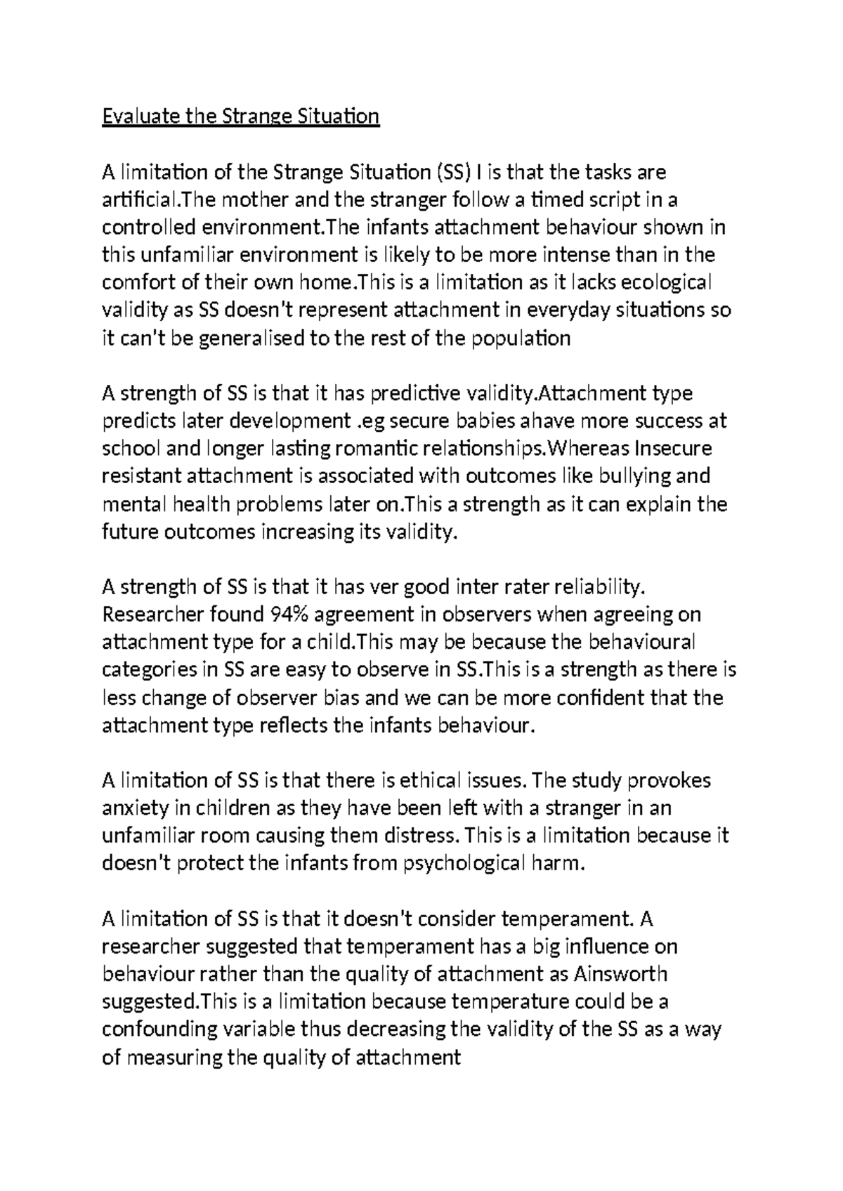 Evaluate the Strange Situation: Strengths & Limitations Analysis - Studocu
