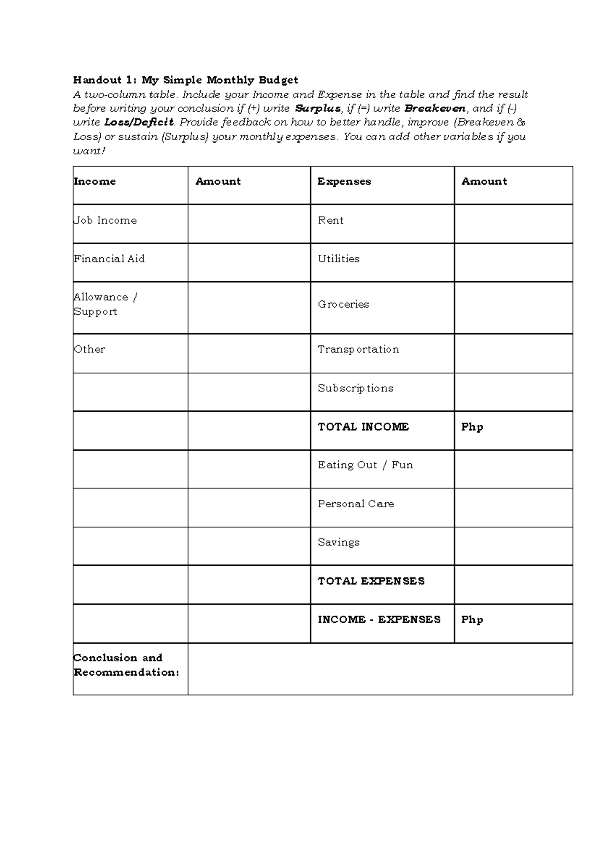 Budget-Time-Management: Monthly Budget Handout & Recommendations - Studocu