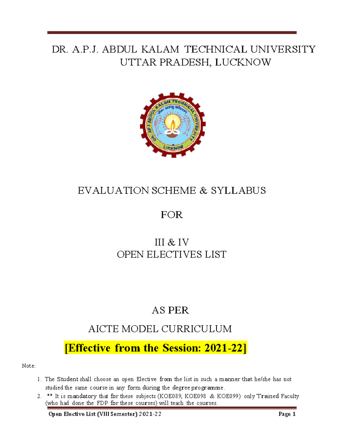 B.Tech. Open Elective III & IV List 4th Year VIII Semester 2021-22 ...