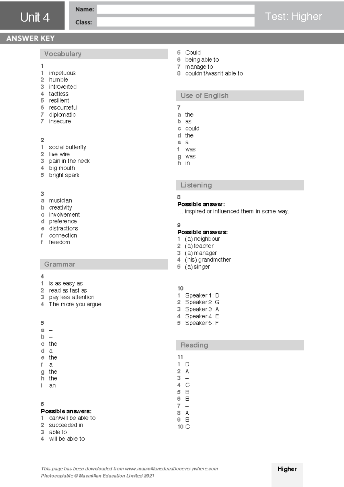 B2 U4 Vocabulary & Test Answers - Higher Level - Studocu