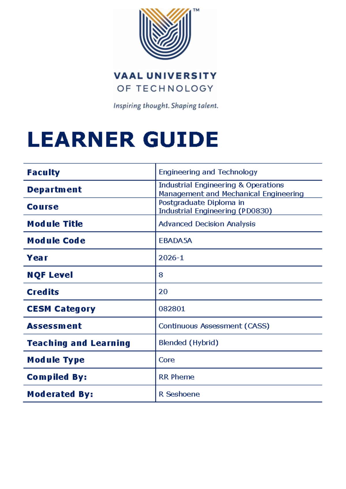 EBADA5A Learner Guide: Advanced Decision Analysis Overview - Studocu