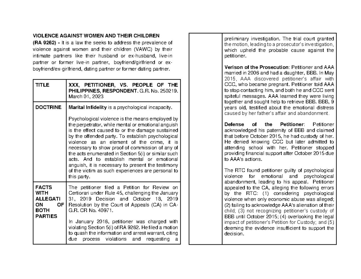 VAWC Case Digests - VIOLENCE AGAINST WOMEN AND THEIR CHILDREN (RA 9262 ...
