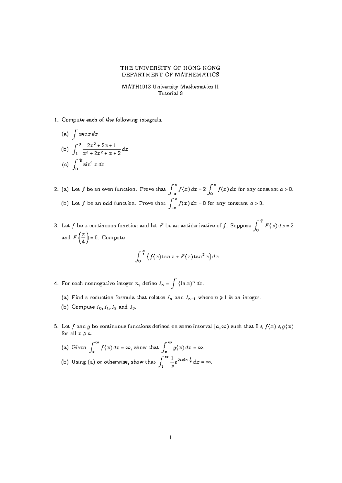 Tutorial 9 - THE UNIVERSITY OF HONG KONGDEPARTMENT OF MATHEMATICS ...