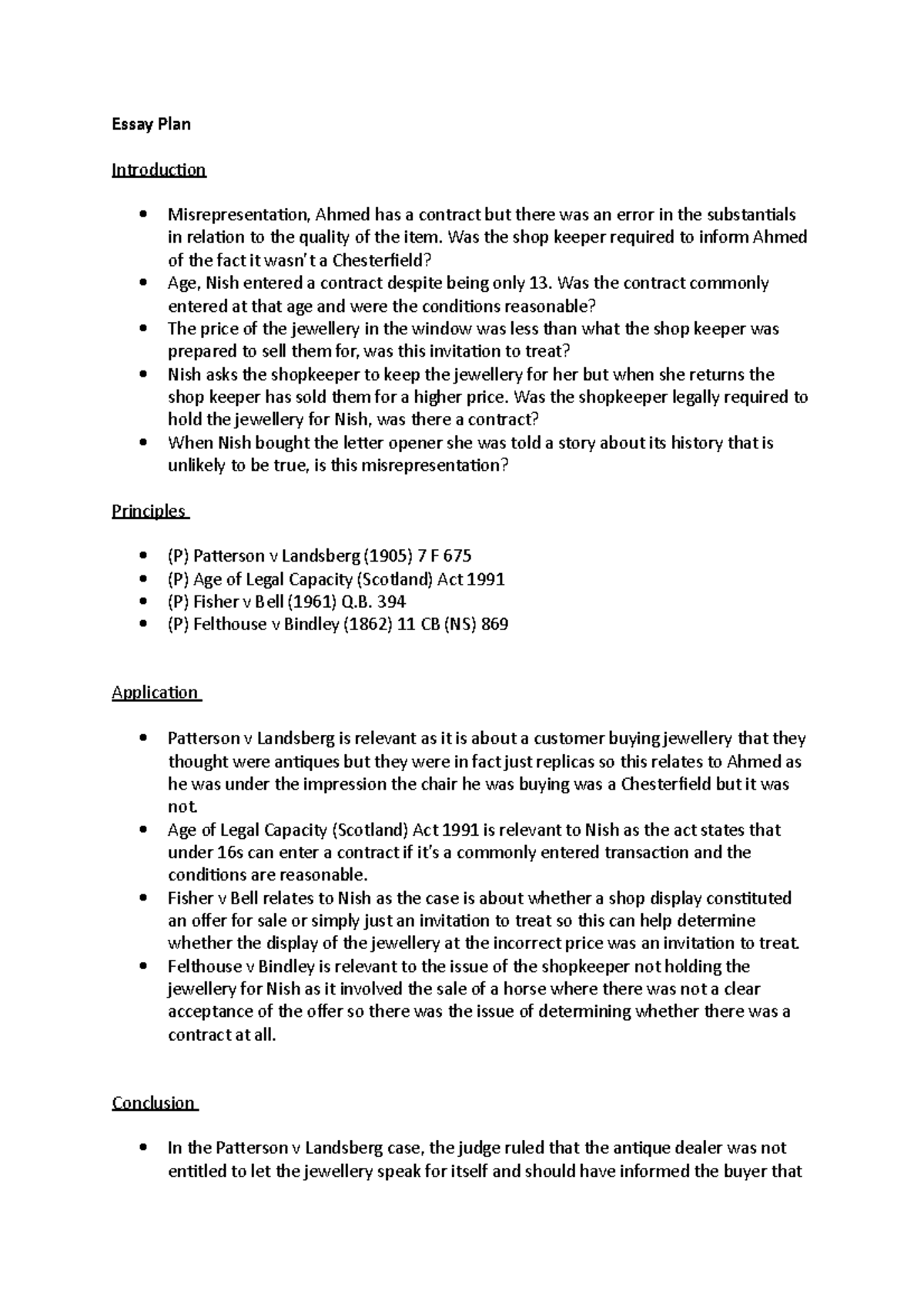 Contract Law Problem Question Essay Plan - Essay Plan Introduction ...