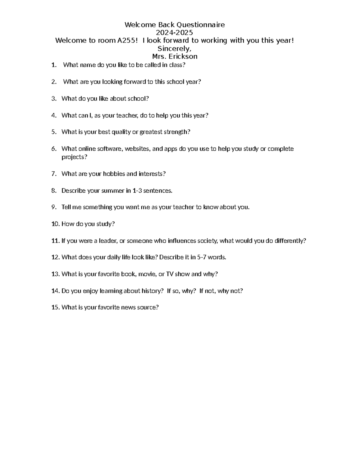 Welcome Back Inventory - Welcome Back Questionnaire 2024- Welcome to ...