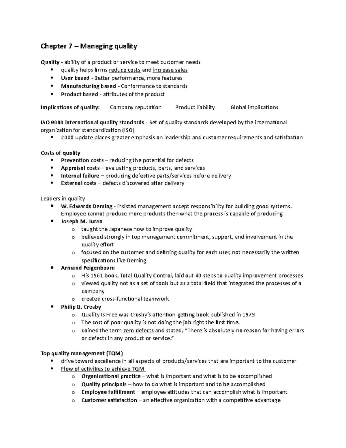 Chap7 - .... - Chapter 7 – Managing quality Quality - ability of a ...