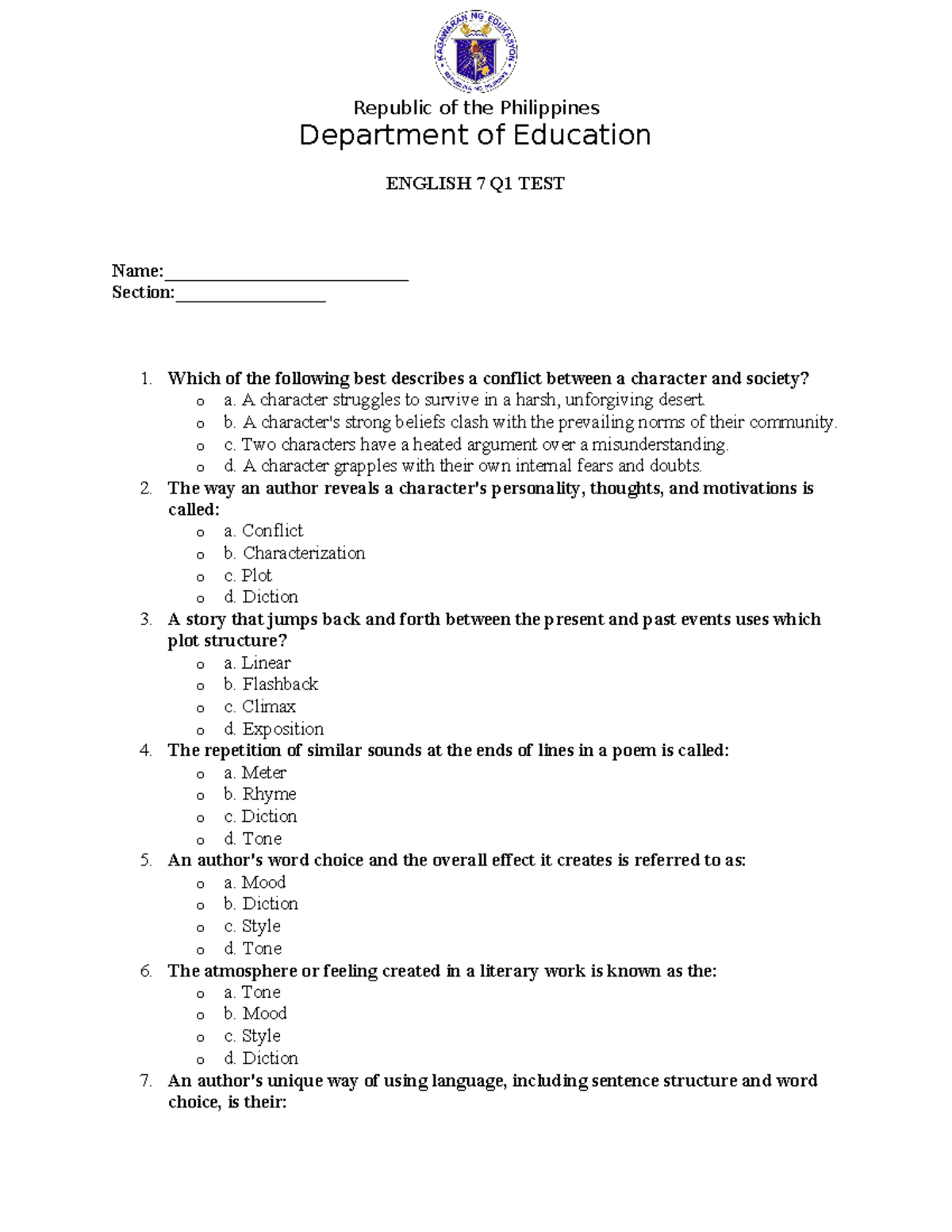 English 7 Q1 TEST - Test - Department of Education ENGLISH 7 Q1 TEST ...