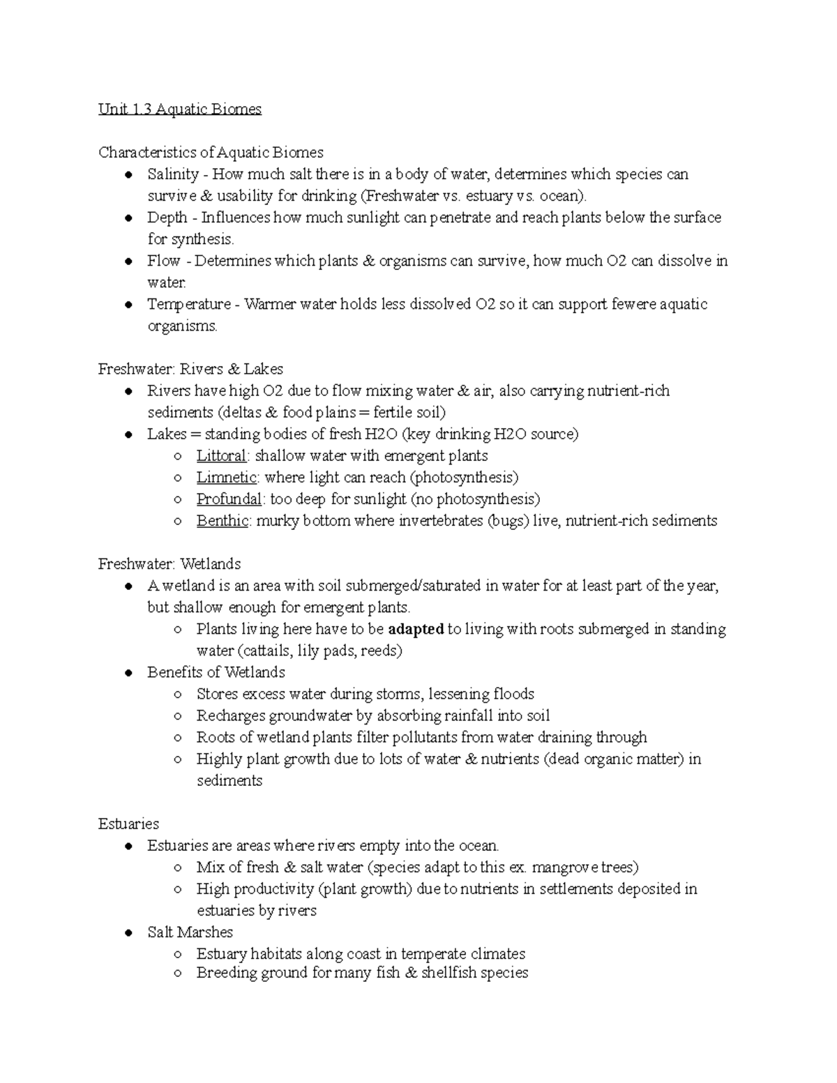 Unit 1.3 Aquatic Biomes: Characteristics & Ecosystem Importance - Studocu
