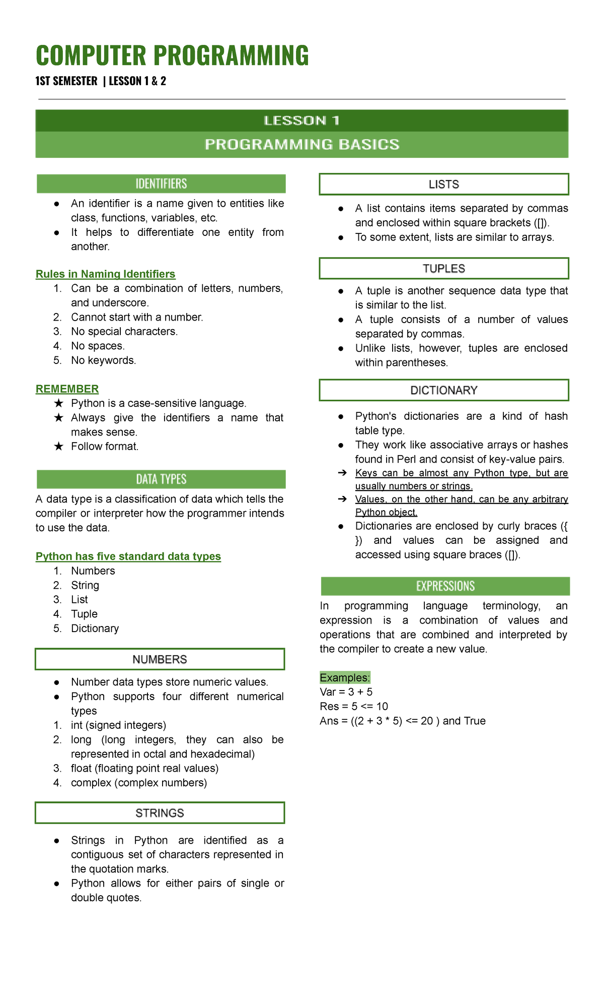CCP - Computer Programming 1st Semester Lesson Notes - Studocu