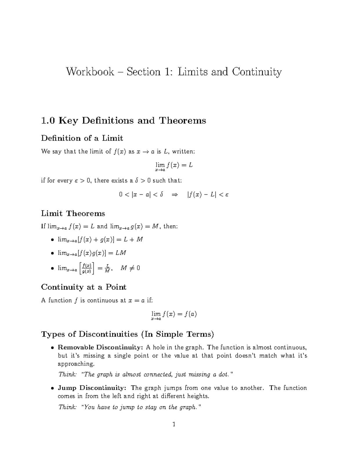 Section 1 Limits and Continuity - Workbook – Section 1: Limits and Continuity 1 Key Definitions ...