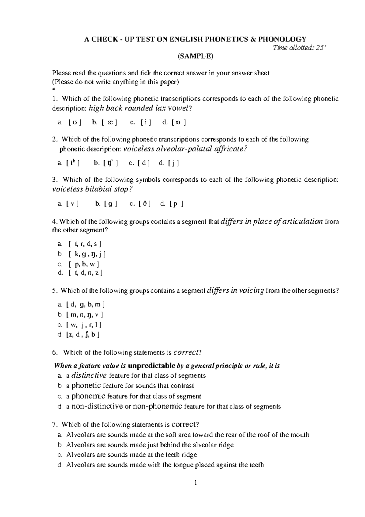 Sample Test on English Phonetics & Phonology (ENG 101) - Studocu