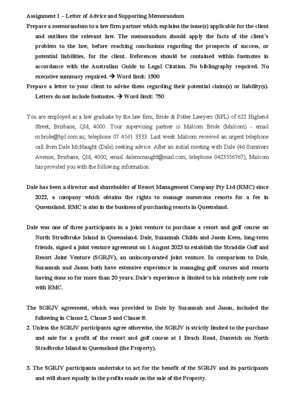 Assignment 1 - Letter of Advice & Memo on Fiduciary Duties - Studocu