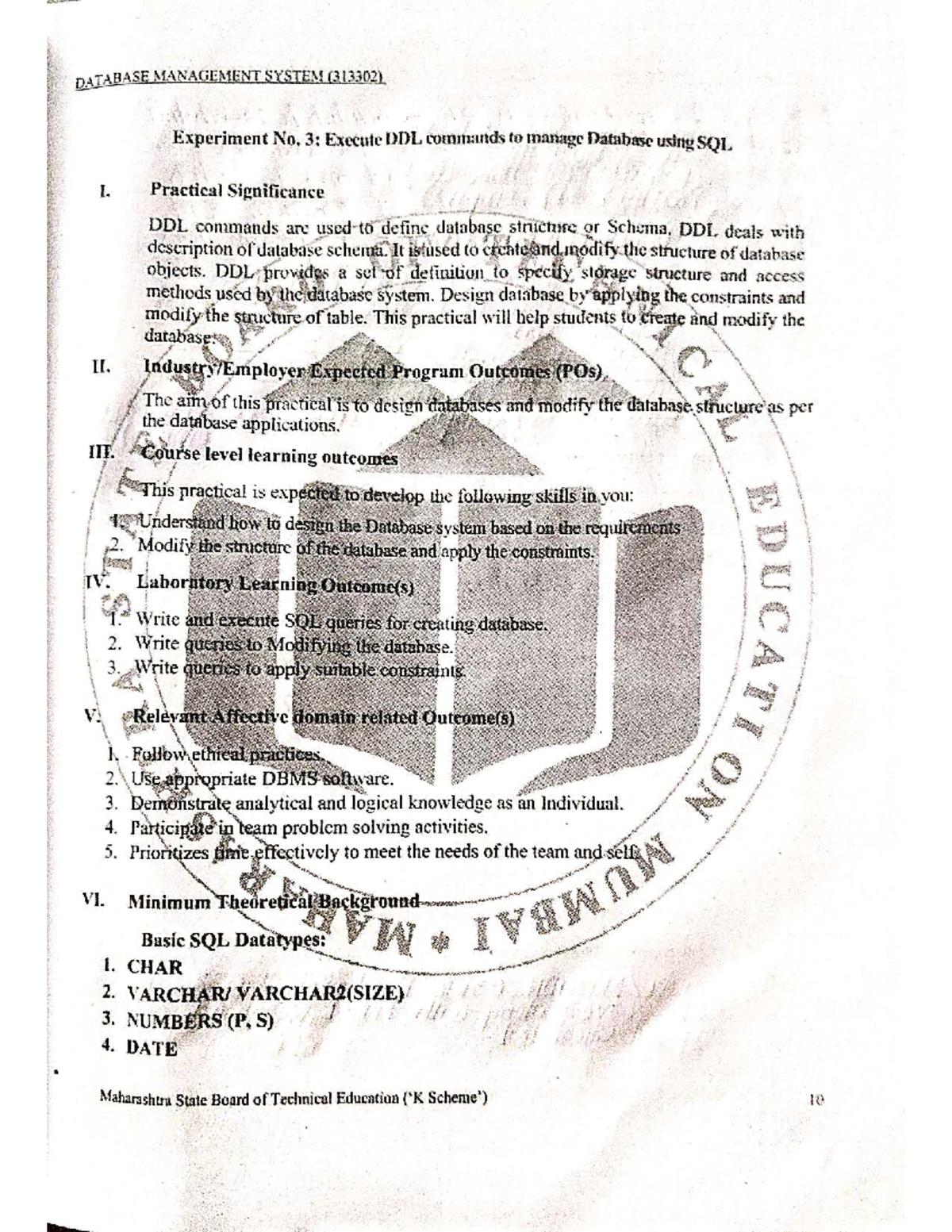 DATABASE MANAGEMENT SYSTEM (313302) DDL Commands Practical Guide - Studocu