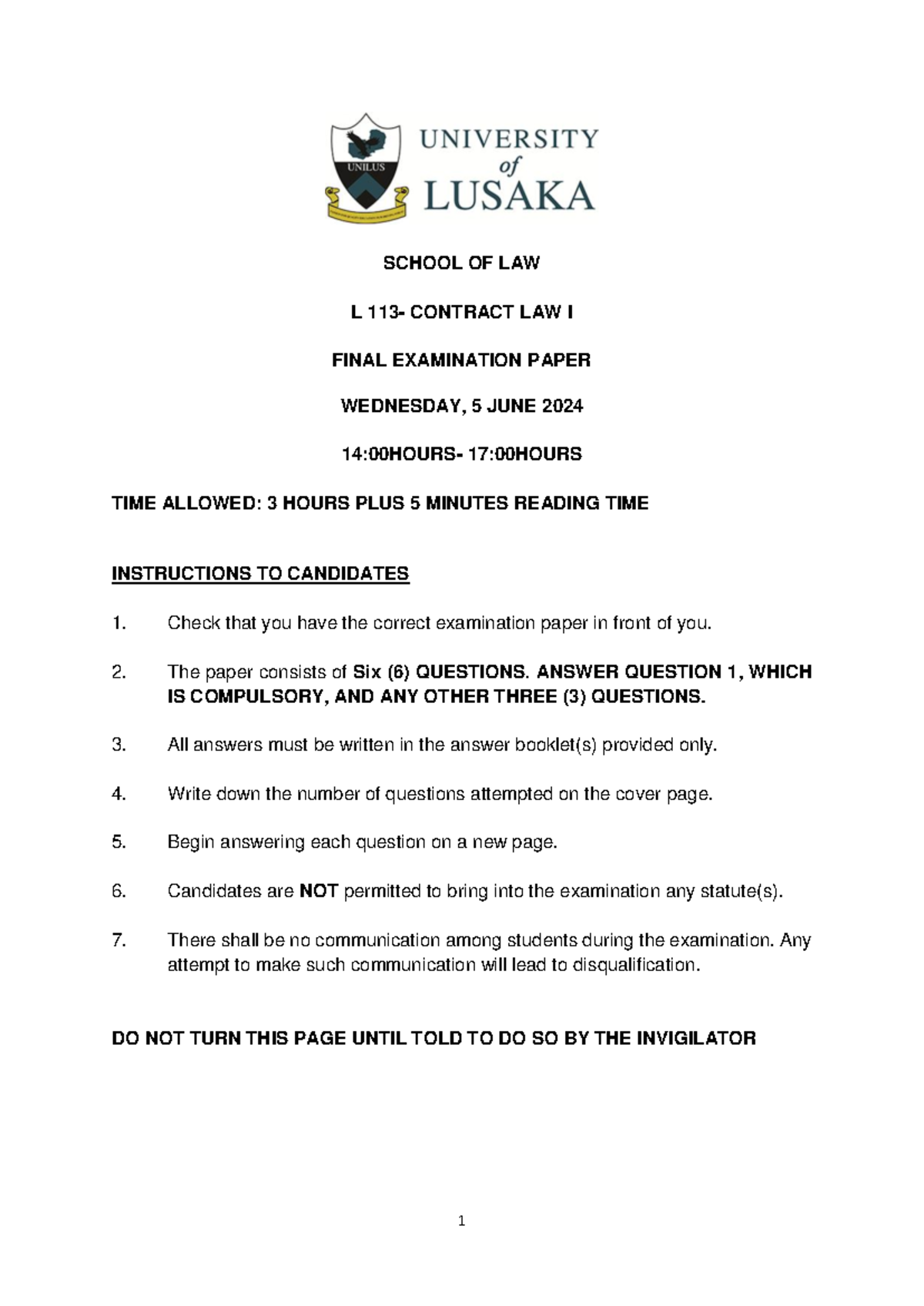 L113-2024 Sem 1 Final Exam: Contract Law I Examination Paper - Studocu