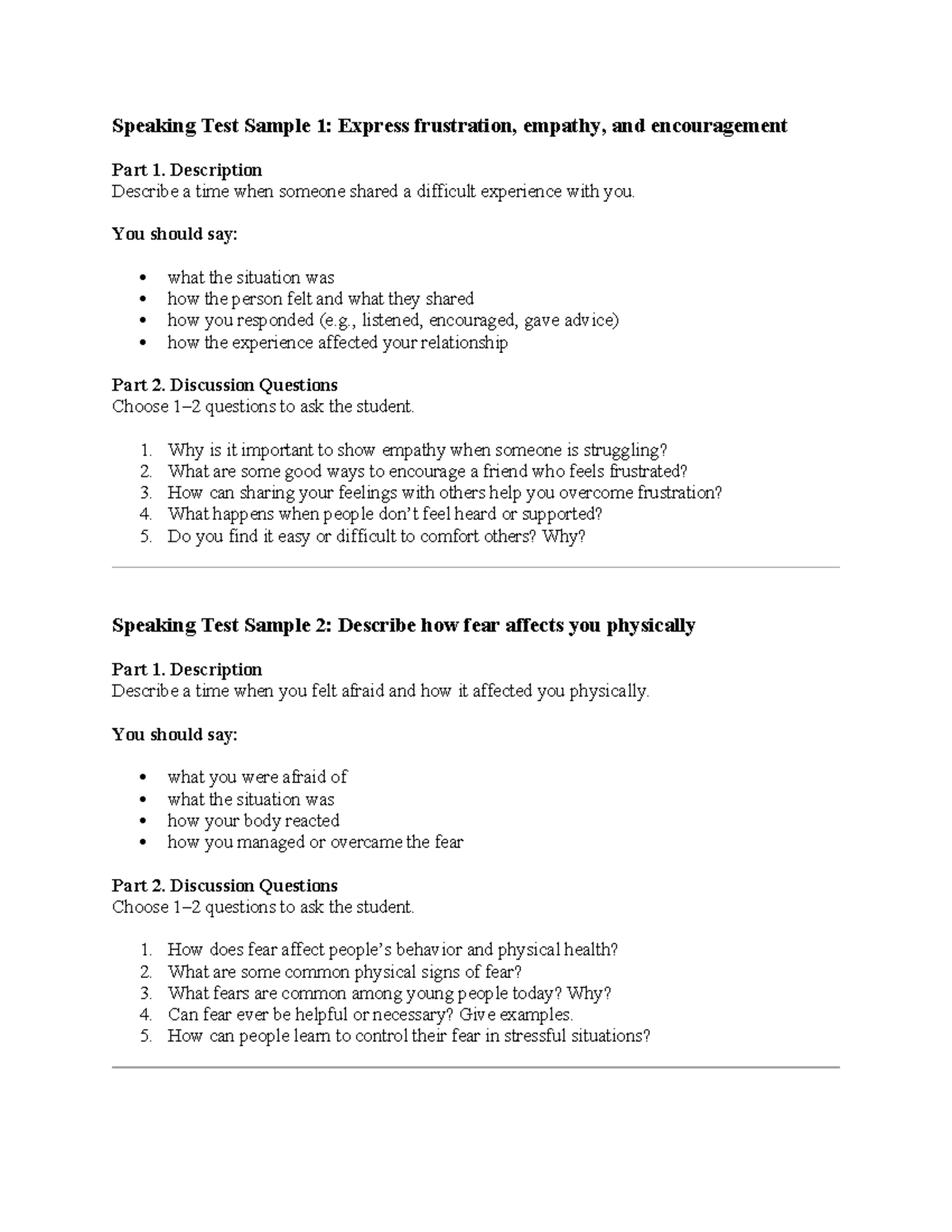 Speaking Test Sample - Unit 3: Empathy & Fear Responses - Studocu
