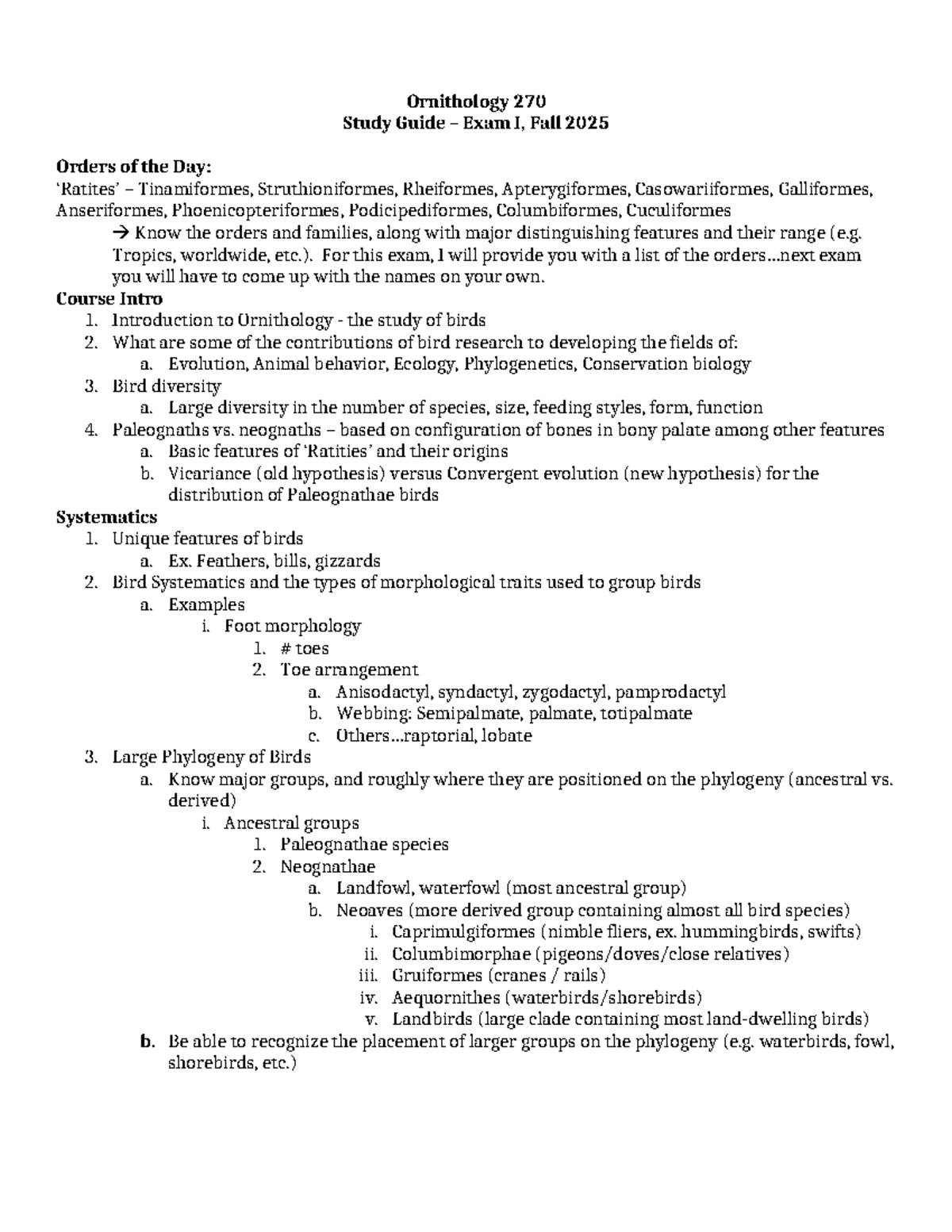 Ornithology 270 - Exam I Study Guide: Orders, Feathers, and Evolution ...