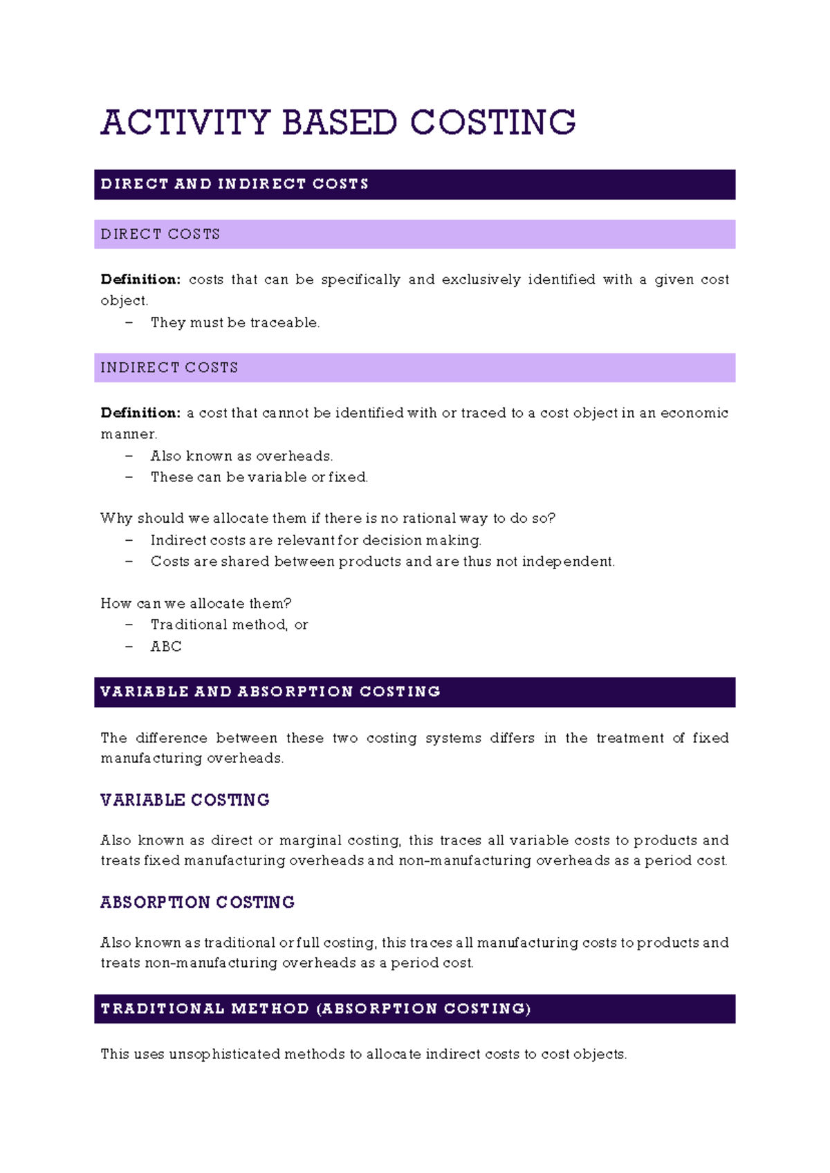Activity Based Costing Overview and Key Concepts - Studocu