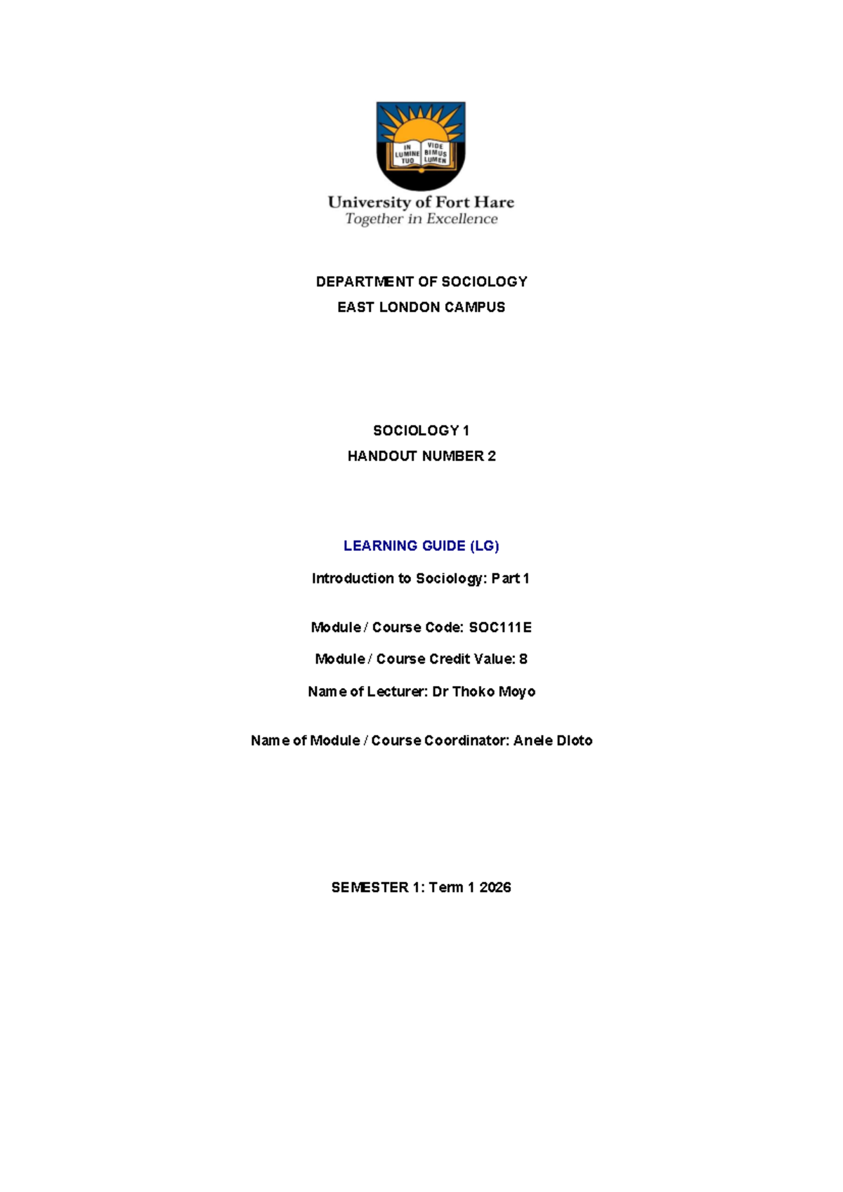Introduction to Sociology 1 Learning Guide (LG) - Semester 1 2026 - Studocu